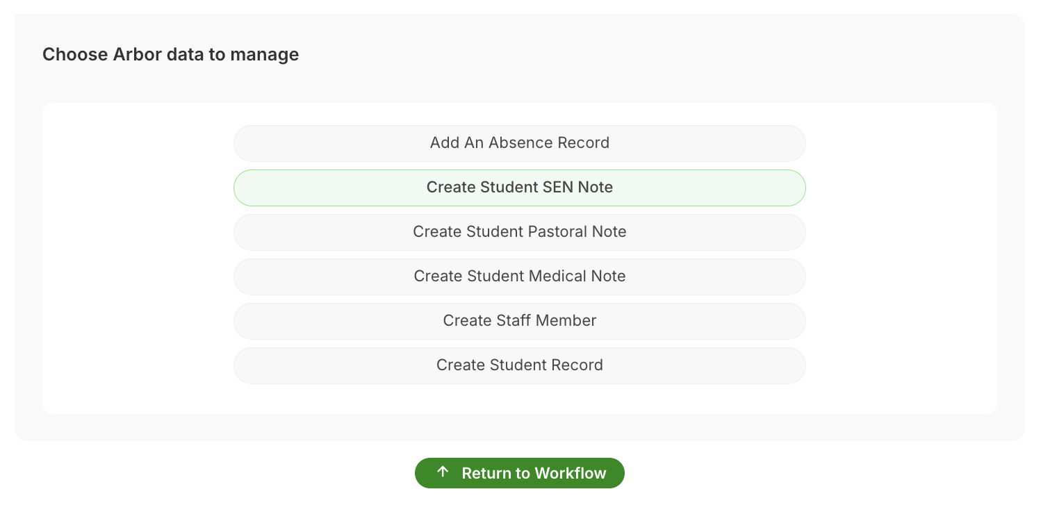 Arbor Data: Add Student SEN note – Arbor Workflows